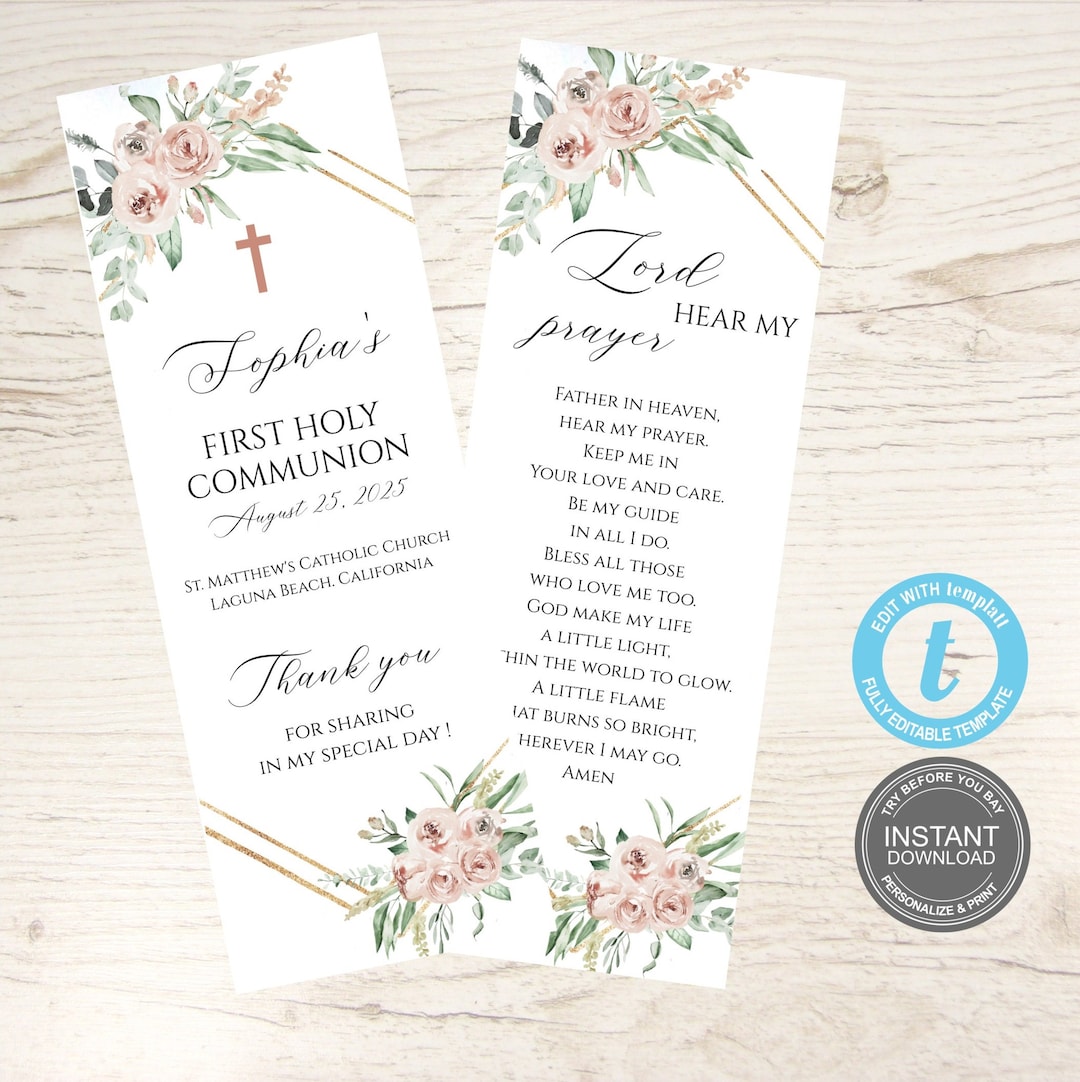 First Communion Prayer Card Template, Baptism Bookmark, Bookmark, Dusty ...