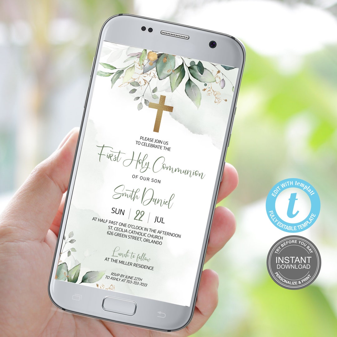 Digital First Communion Invitation Template, Christening Invite ...