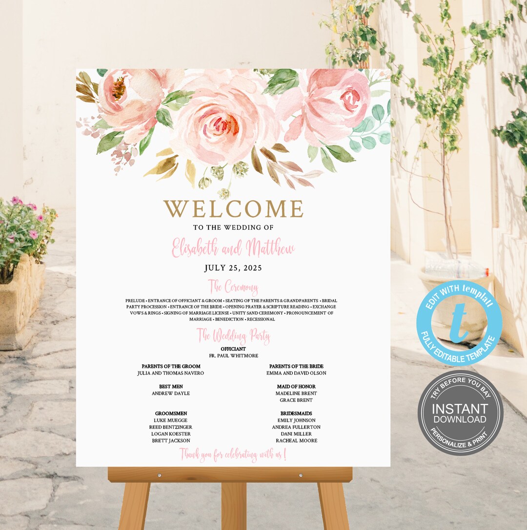 Pink Floral Wedding Program Poster, Wedding Program Board Template ...