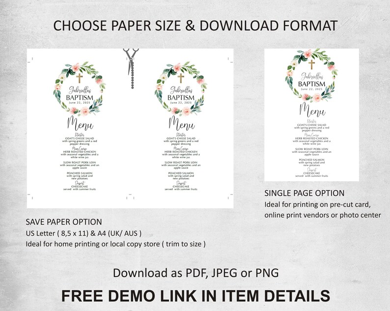 Baptism Menu Cards Template First Communion Menu Template - Etsy