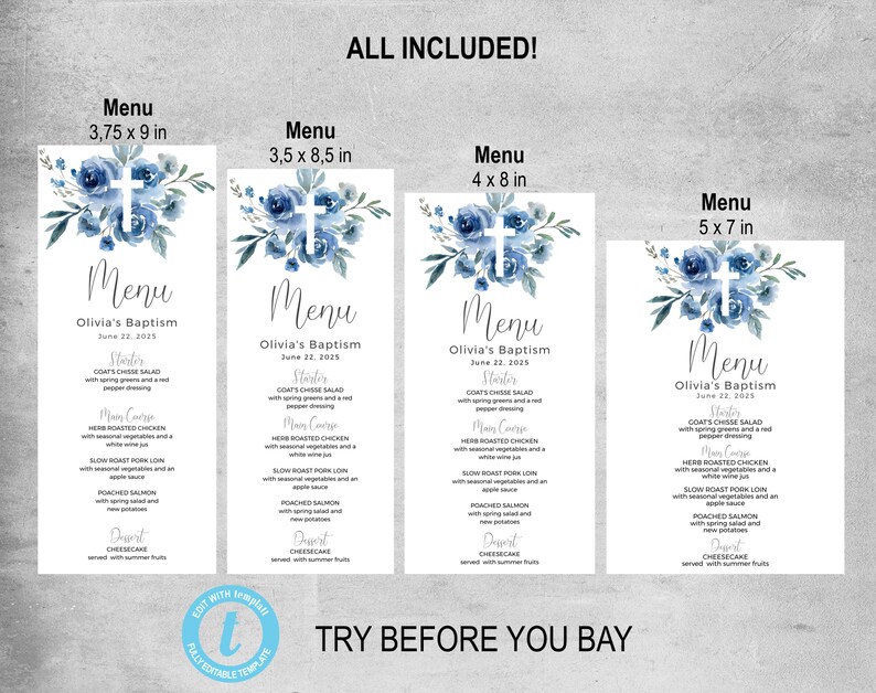 Baptism Menu Cards Template Boho Christening Menu Template | Etsy