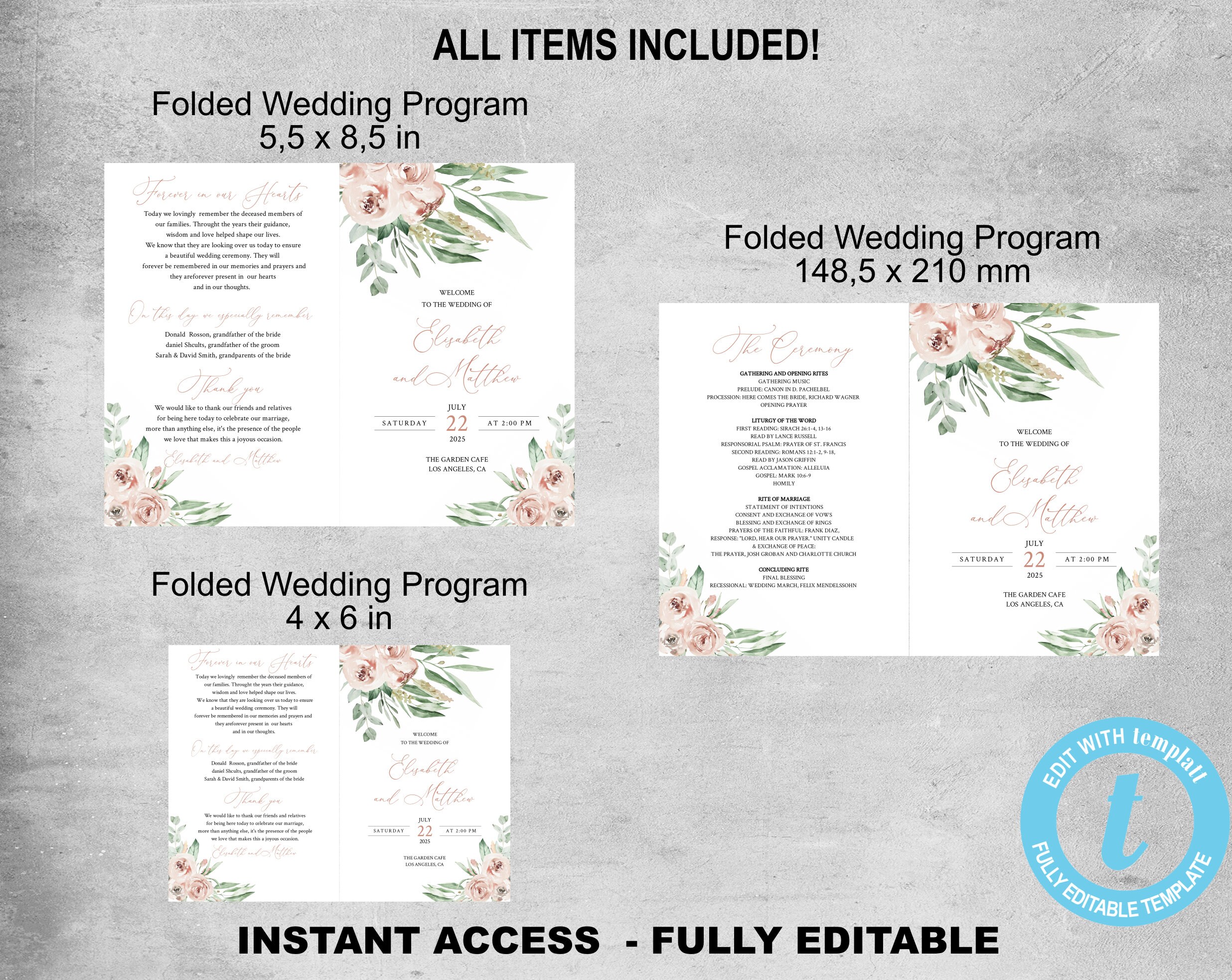 Folded Wedding Program Template Watercolor Blush Floral | Etsy