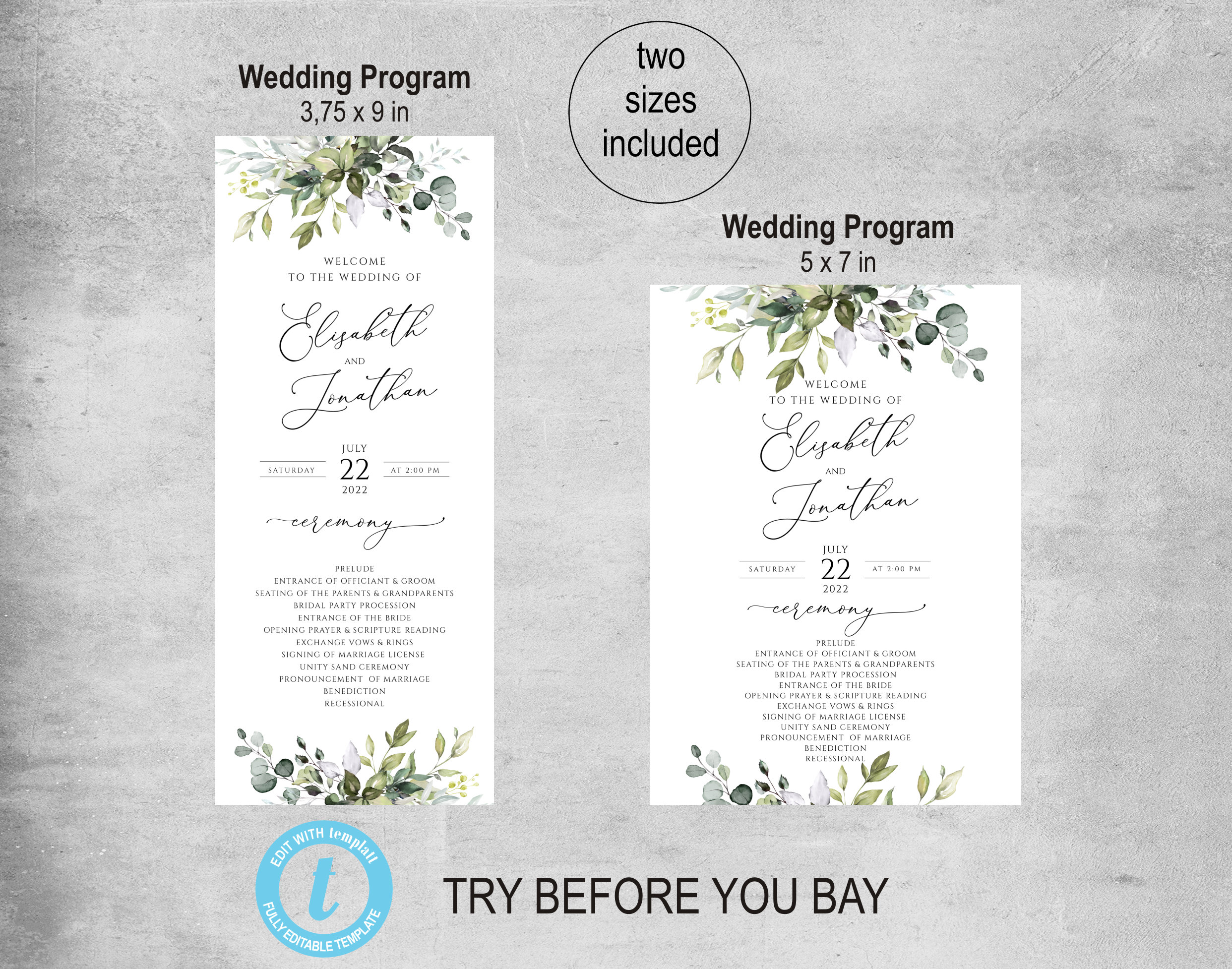 Greenery Wedding Program Template Printable Ceremony Program - Etsy