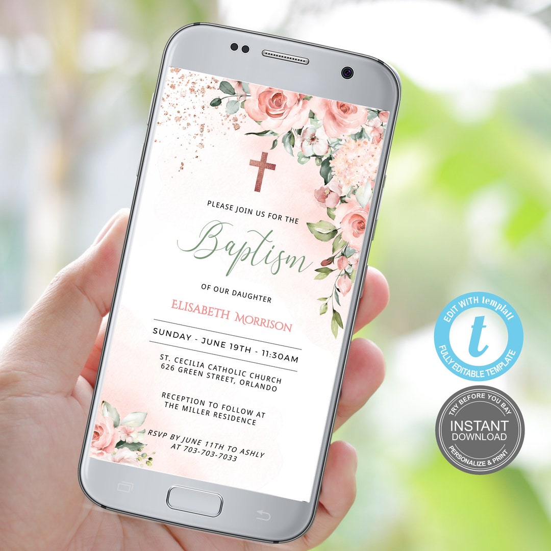 Digital Baptism Invitation Template, Christening Invite Template ...