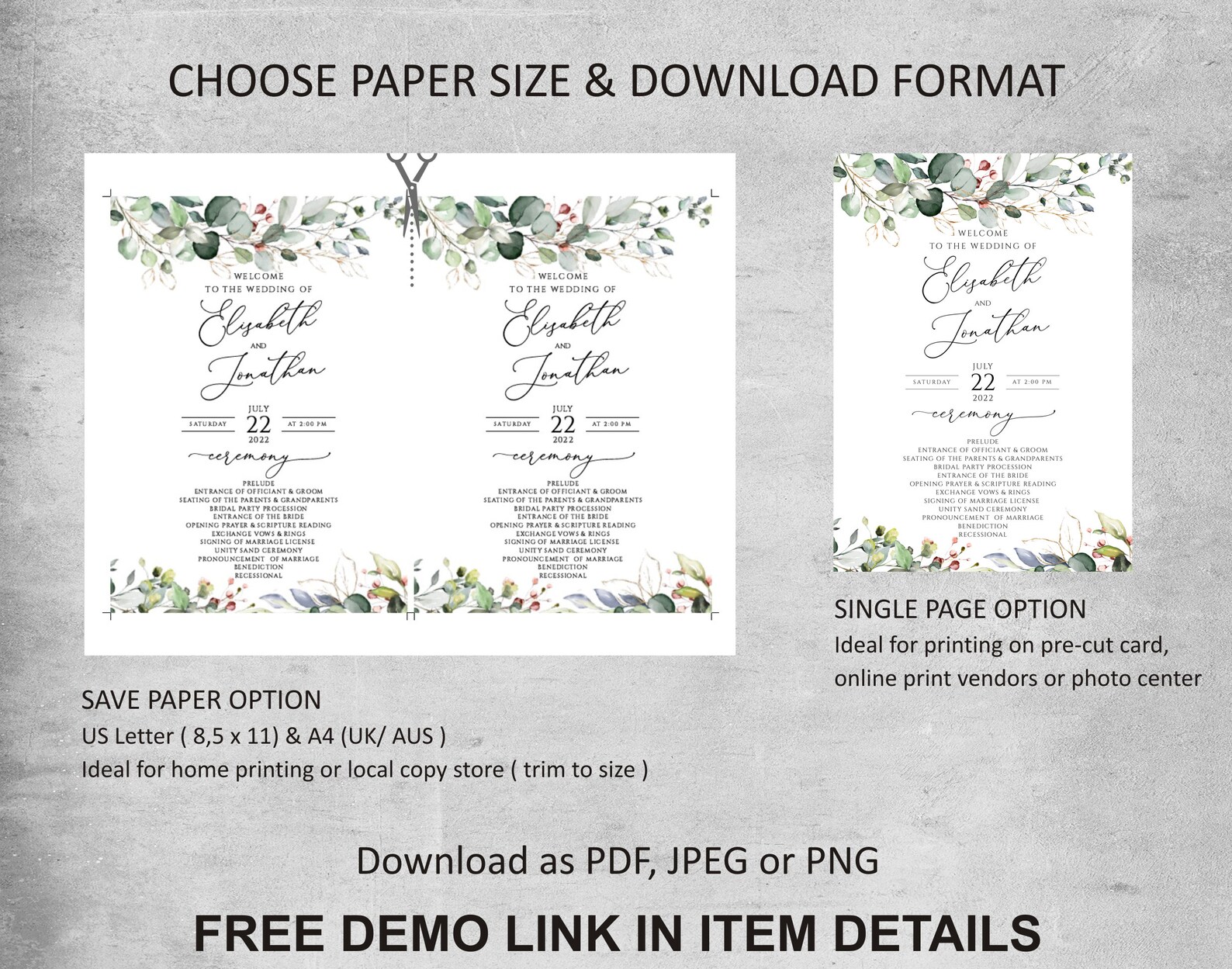 Greenery Wedding Program Template Printable Ceremony Program | Etsy