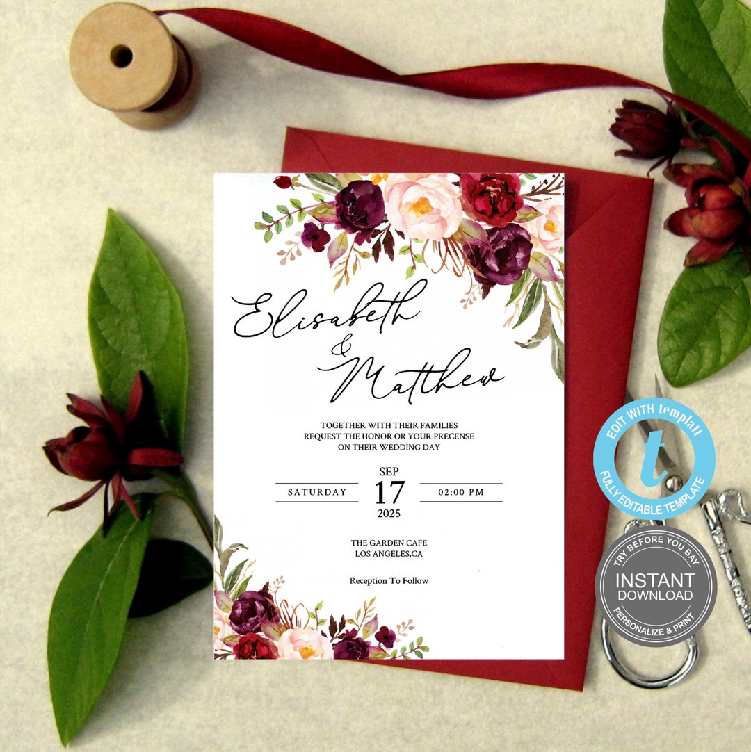 Burgundy Wedding Invitation, Invitation Printable, 100% Editable ...