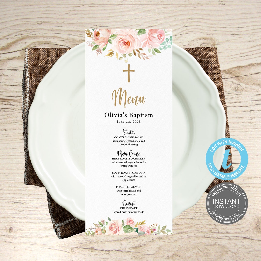 Baptism Menu Cards Template Boho Christening Menu Template - Etsy