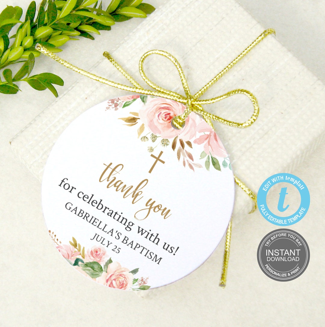 Baptism Thank You Tag Template, Boho Christening Thank You Tag ...