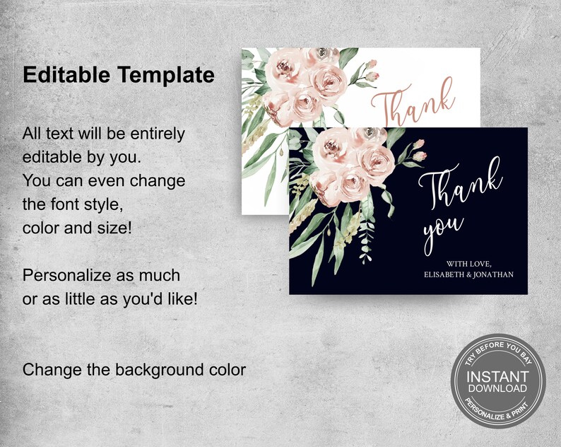 Thank You Card Template Printable Cards Editable Template - Etsy