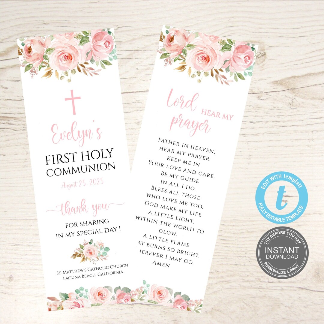 Floral First Communion Prayer Card Template, Baptism, Bookmark, Girl ...