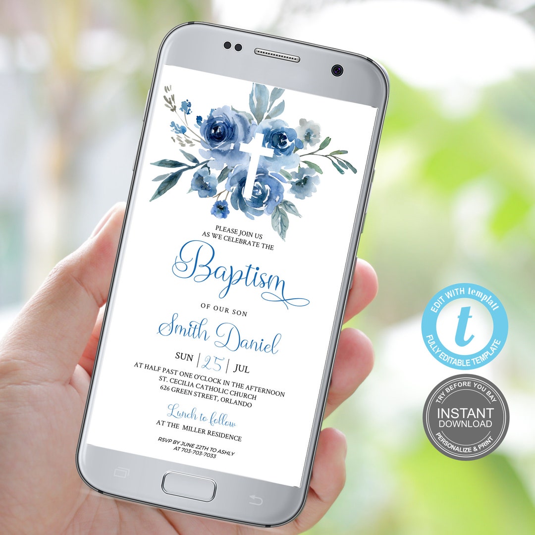 Digital Baptism Invitation Template, Christening Invite Template, Blue ...