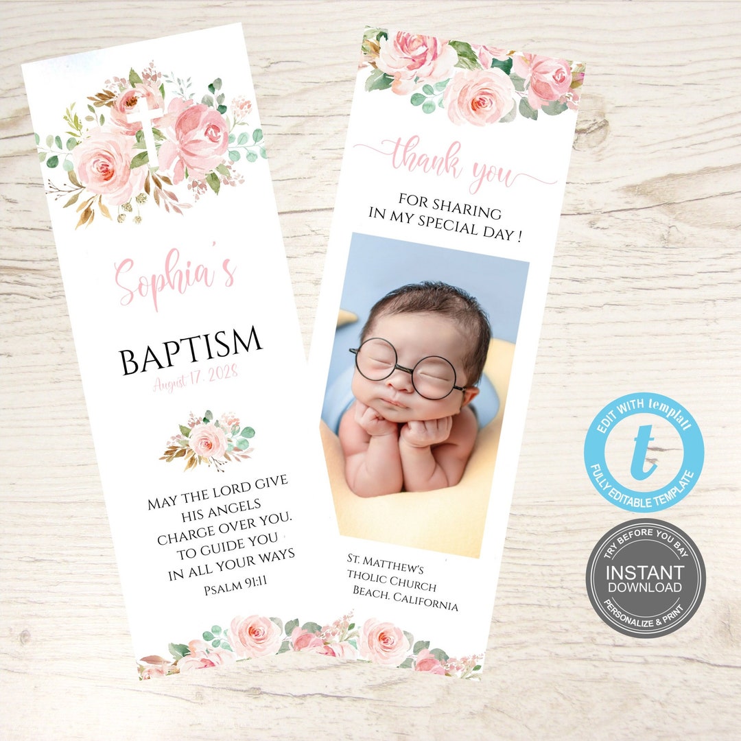 Baptism Bookmark Template, ADD Your PHOTO, Editable Bookmark Keepsake ...
