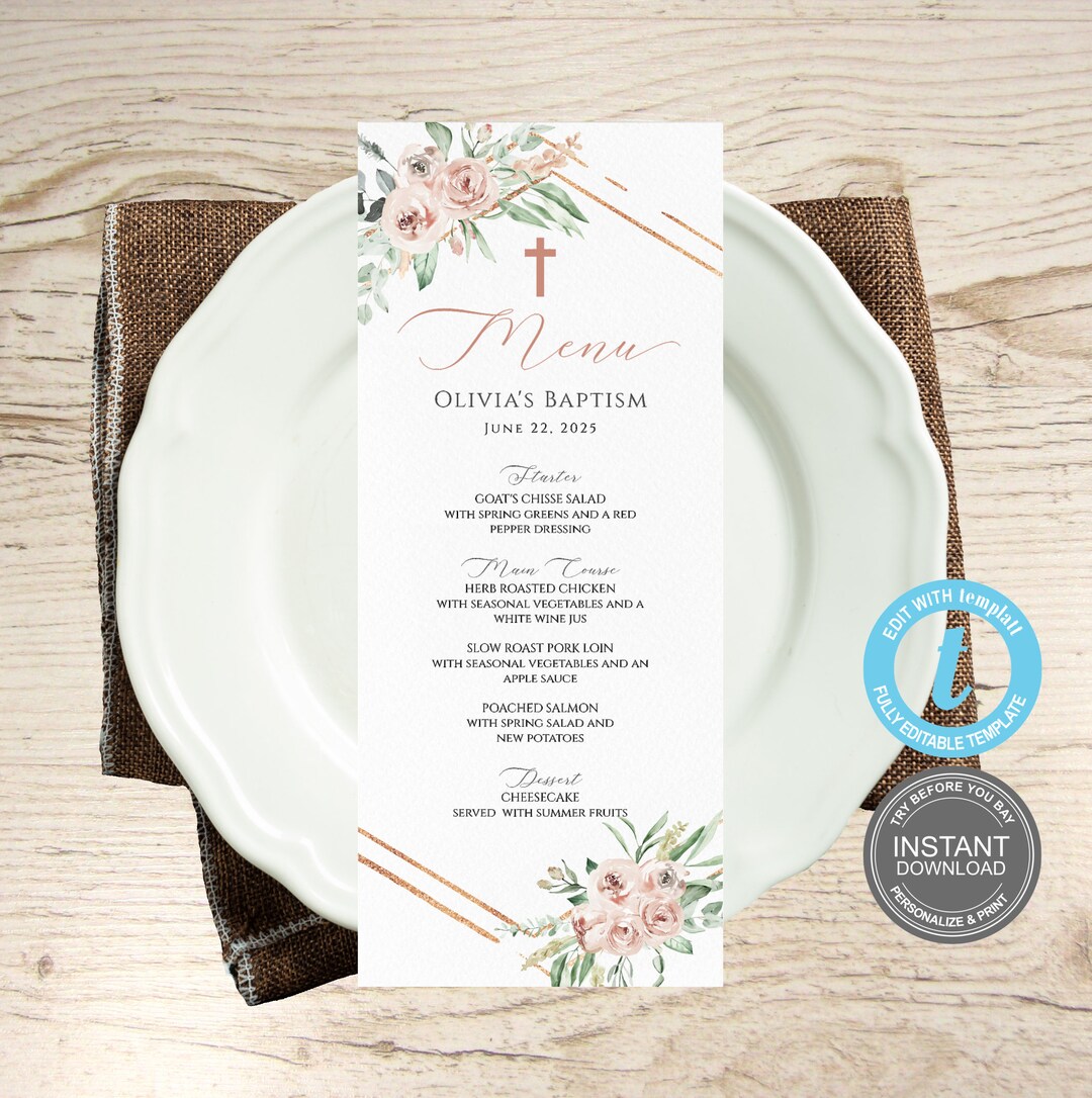Baptism Menu Cards Template, Instant Download, Boho Roses Menu First ...