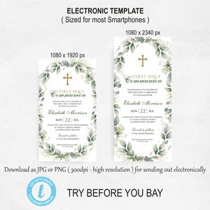 Digital First Communion Invitation Template, Christening Invite ...