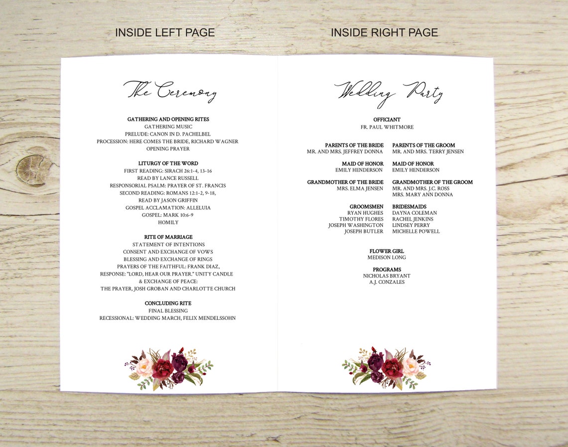 Folded Wedding Program Template Ceremony Template Marsala - Etsy