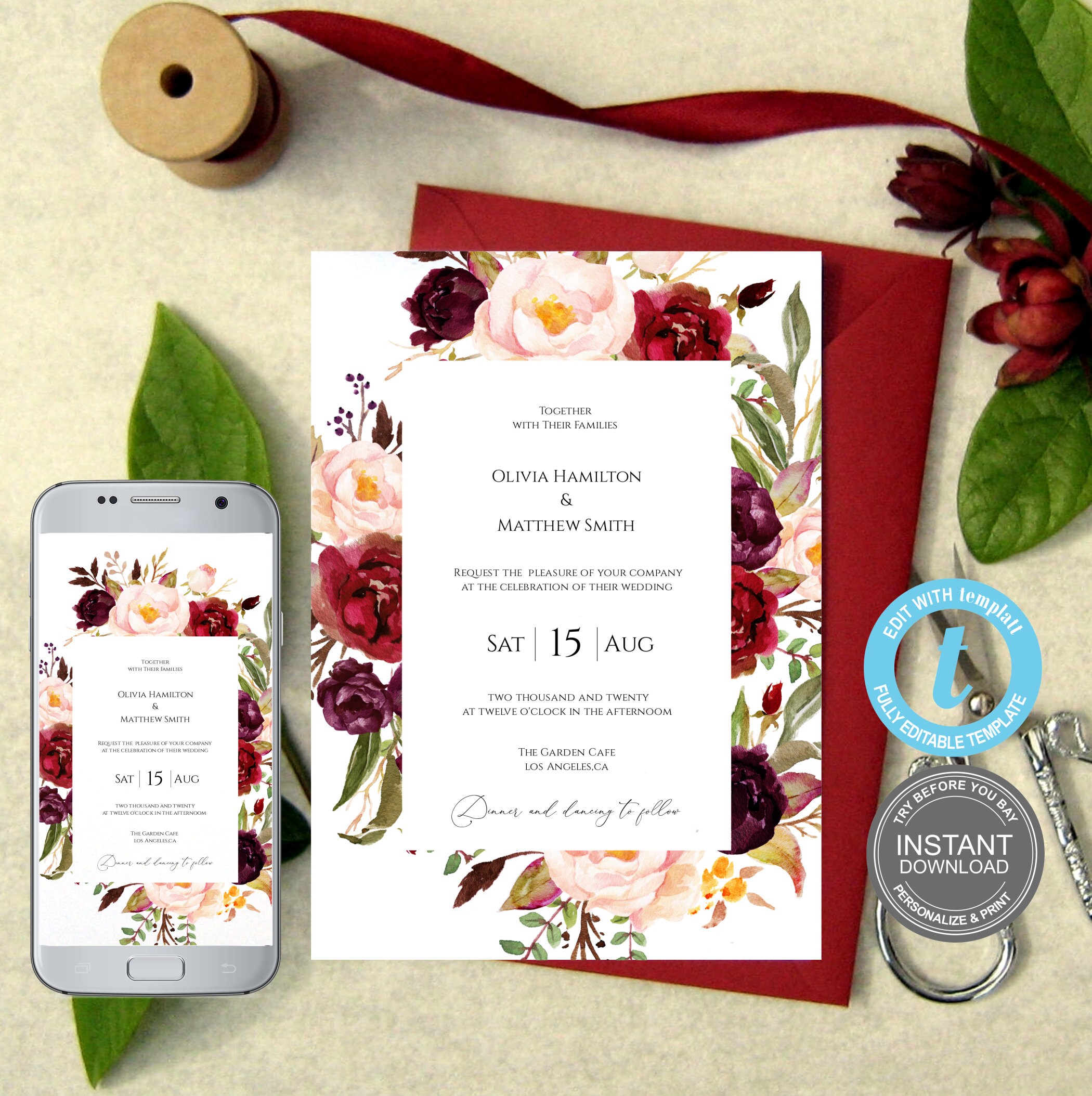 Burgundy Wedding Invitation Invitation Printable 100% - Etsy