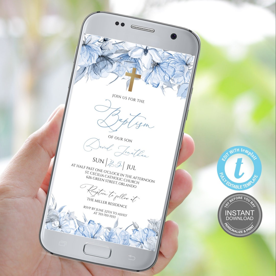 Digital Baptism Invitation Template, Christening Invite Template, Blue ...