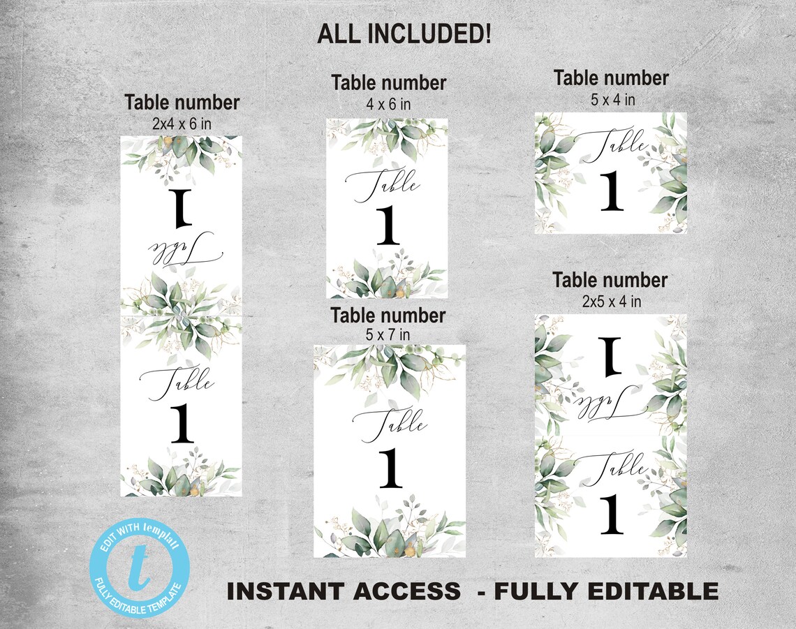 Watercolor Wedding Table Numbers Table Number Template 2 | Etsy