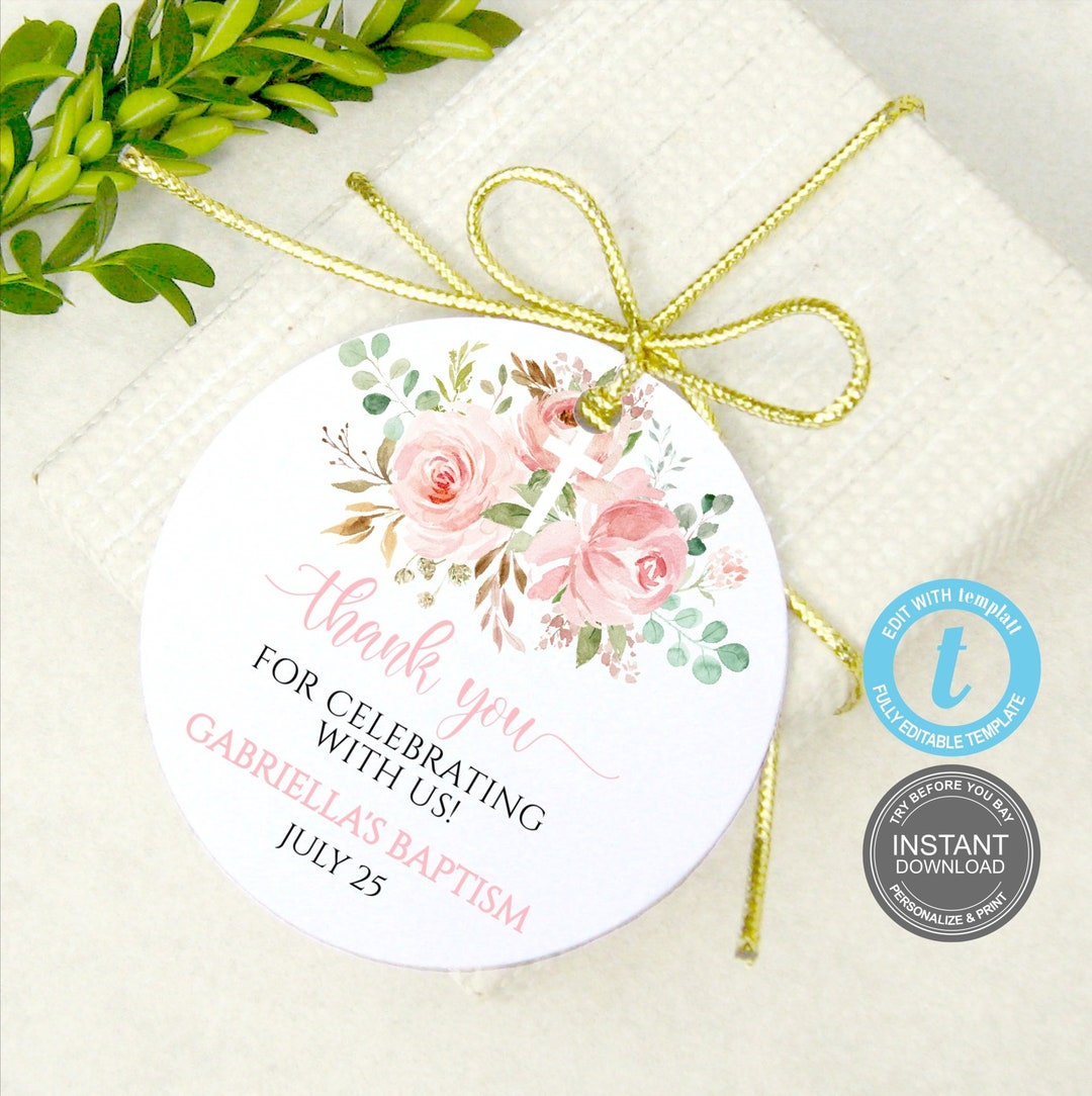 Baptism Thank You Tag Template, Boho Christening Thank You, Editable ...