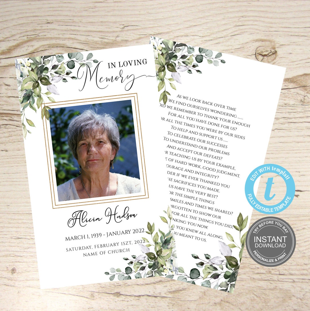 Funeral Prayer Card, Printable Memorial Prayer Card Template, Funeral ...