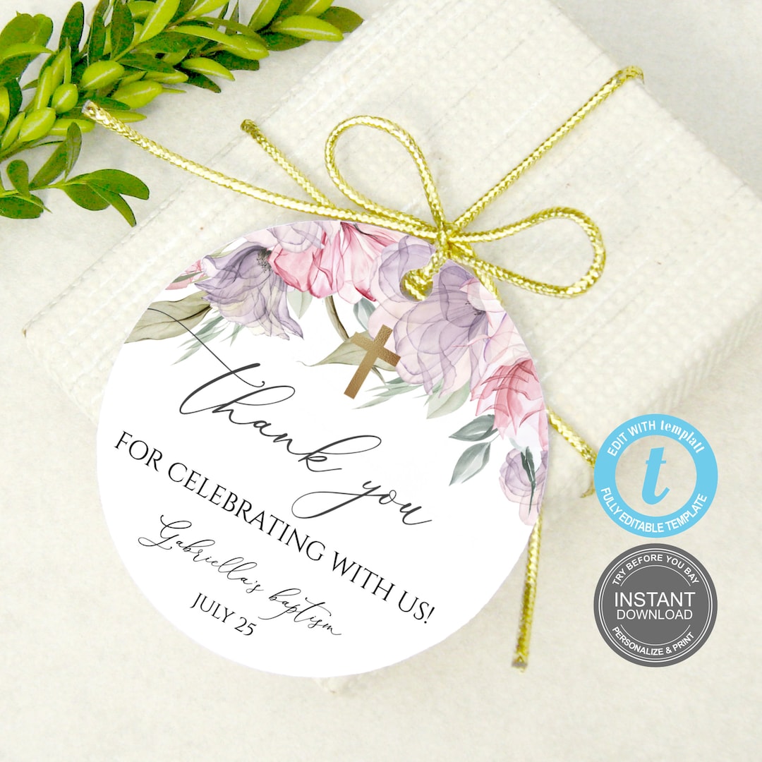 Baptism Thank You Tag Template, Boho Christening Thank You Tag ...