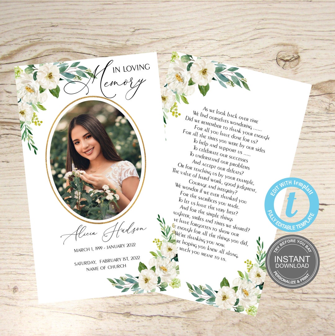 Funeral Prayer Card, Printable Memorial Prayer Card Template, Funeral ...