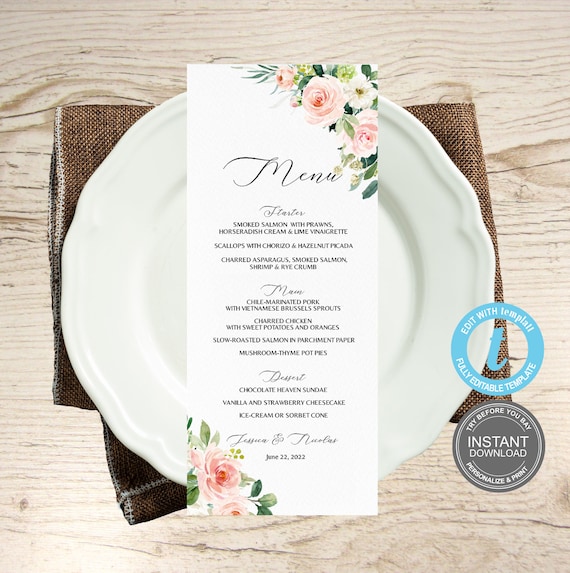 Wedding Menu Card Template Wedding Instant Download Menu - Etsy