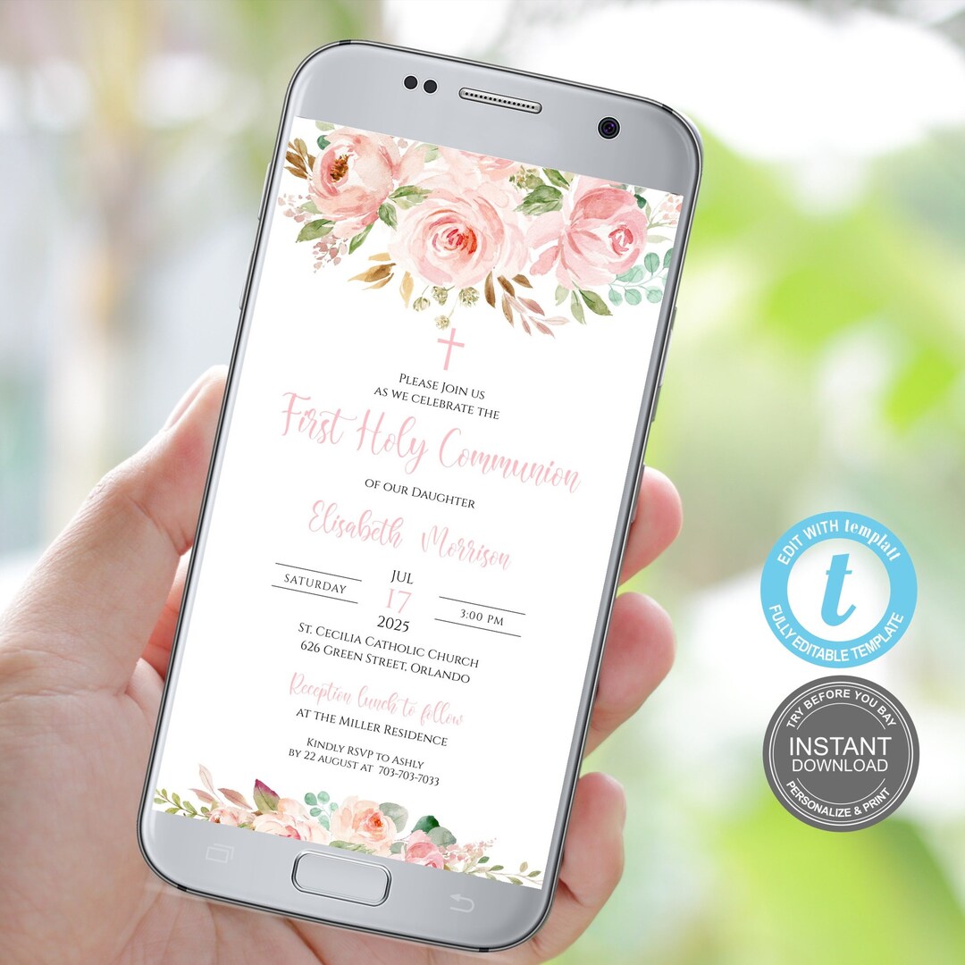 Digital First Communion Invitation Template, First Communion Evite ...