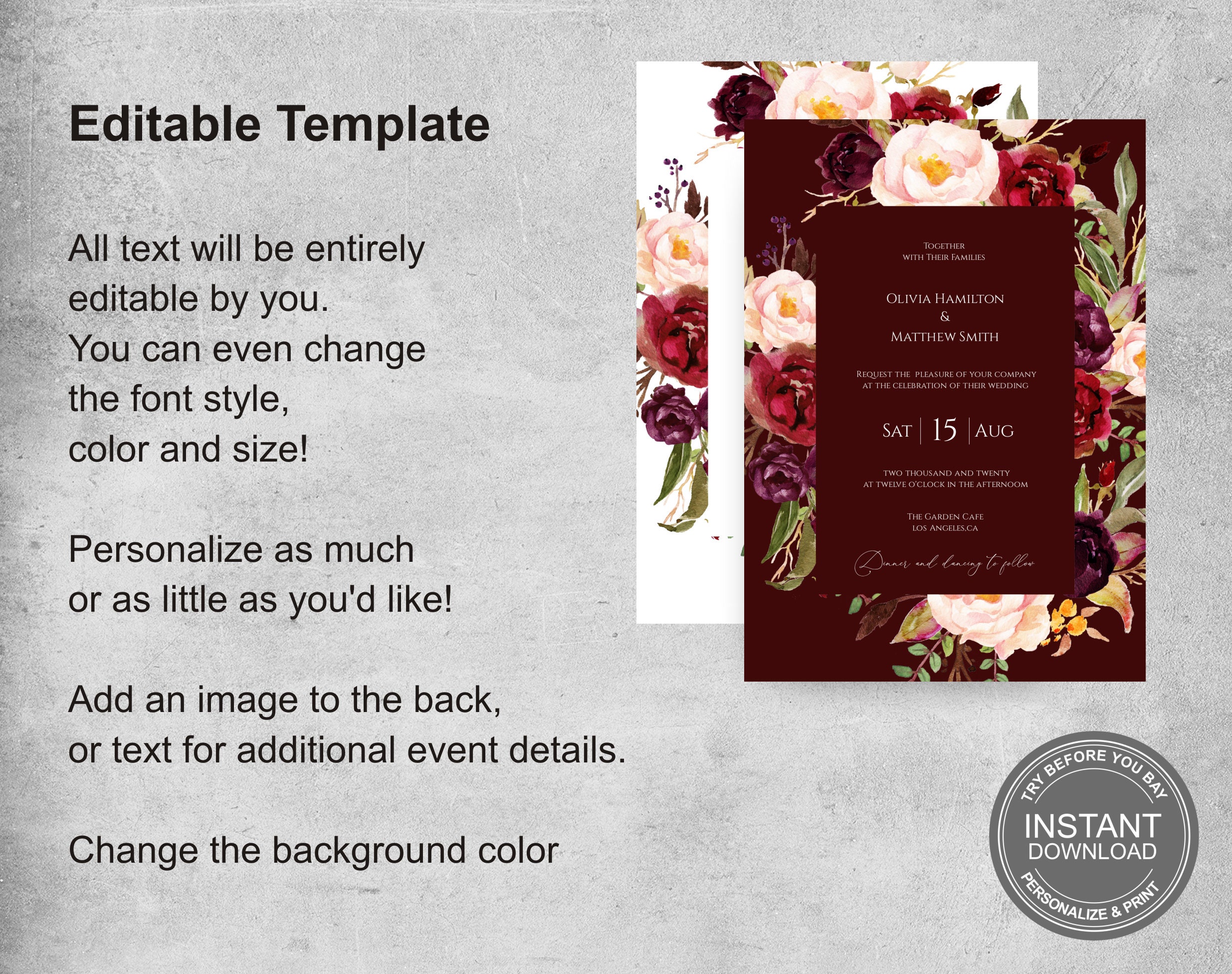 Burgundy Wedding Invitation Invitation Printable 100% - Etsy