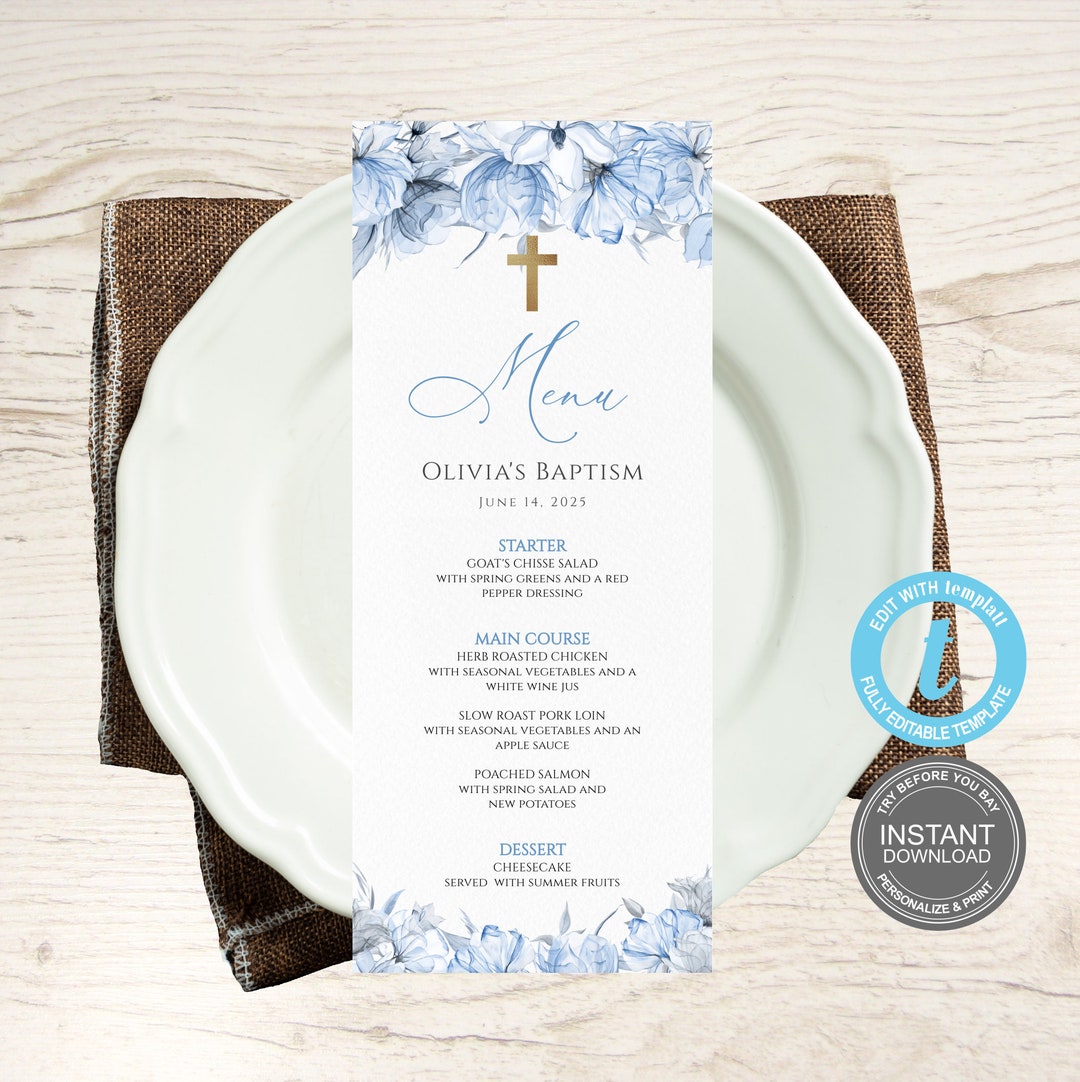 Baptism Menu Cards Template, Boho Christening Menu Template, Editable ...