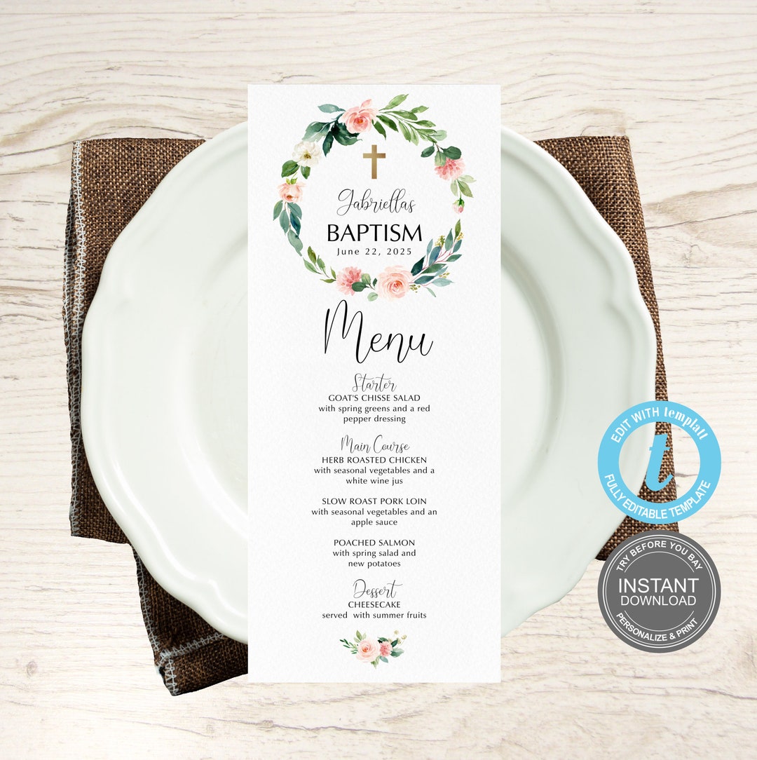 Baptism Menu Cards Template, First Communion Menu Template, Editable ...