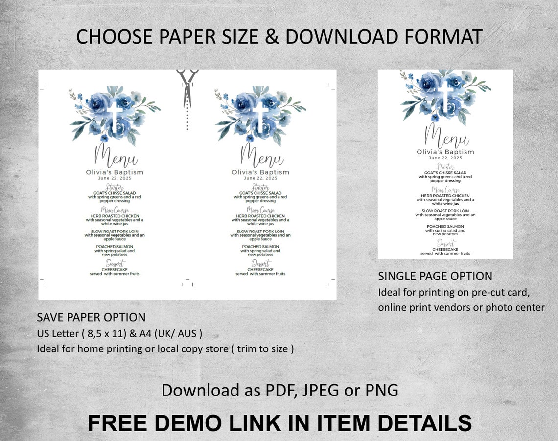 Baptism Menu Cards Template Boho Christening Menu Template | Etsy