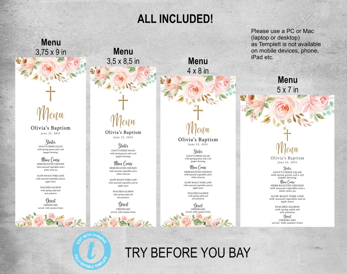 Baptism Menu Cards Template Boho Christening Menu Template - Etsy