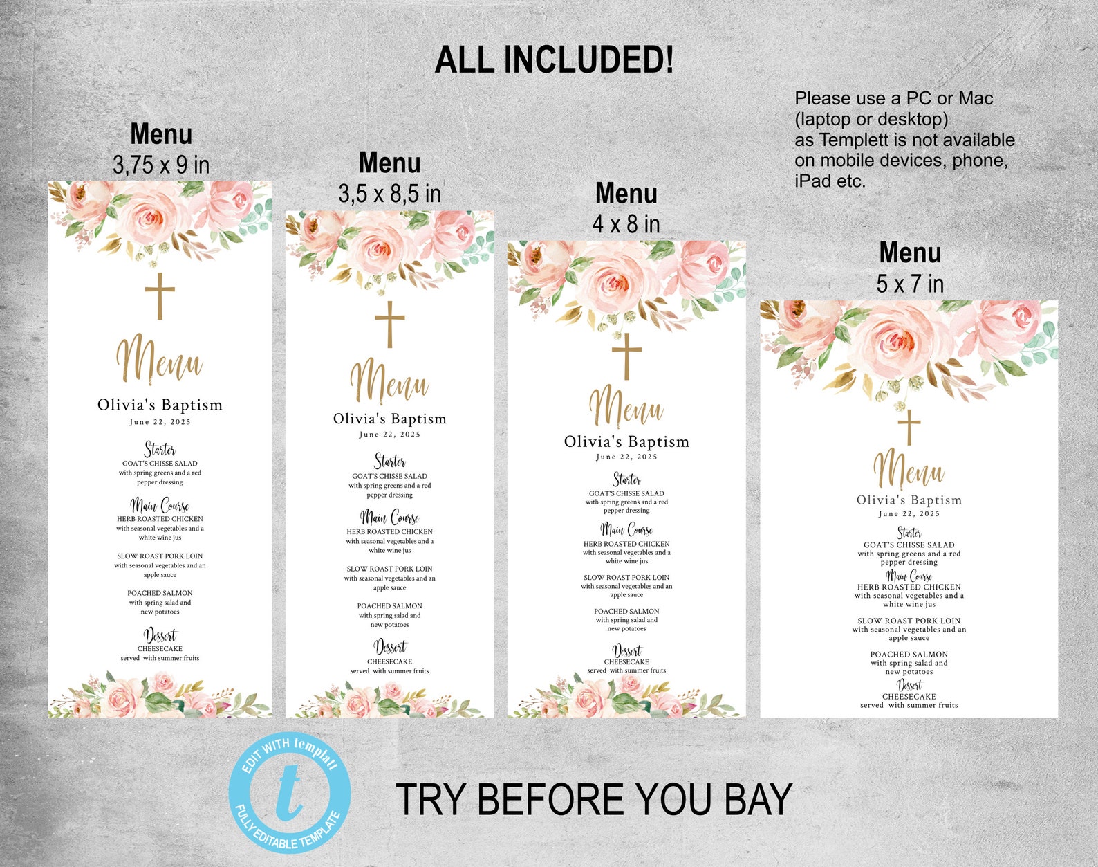 Baptism Menu Cards Template Boho Christening Menu Template - Etsy