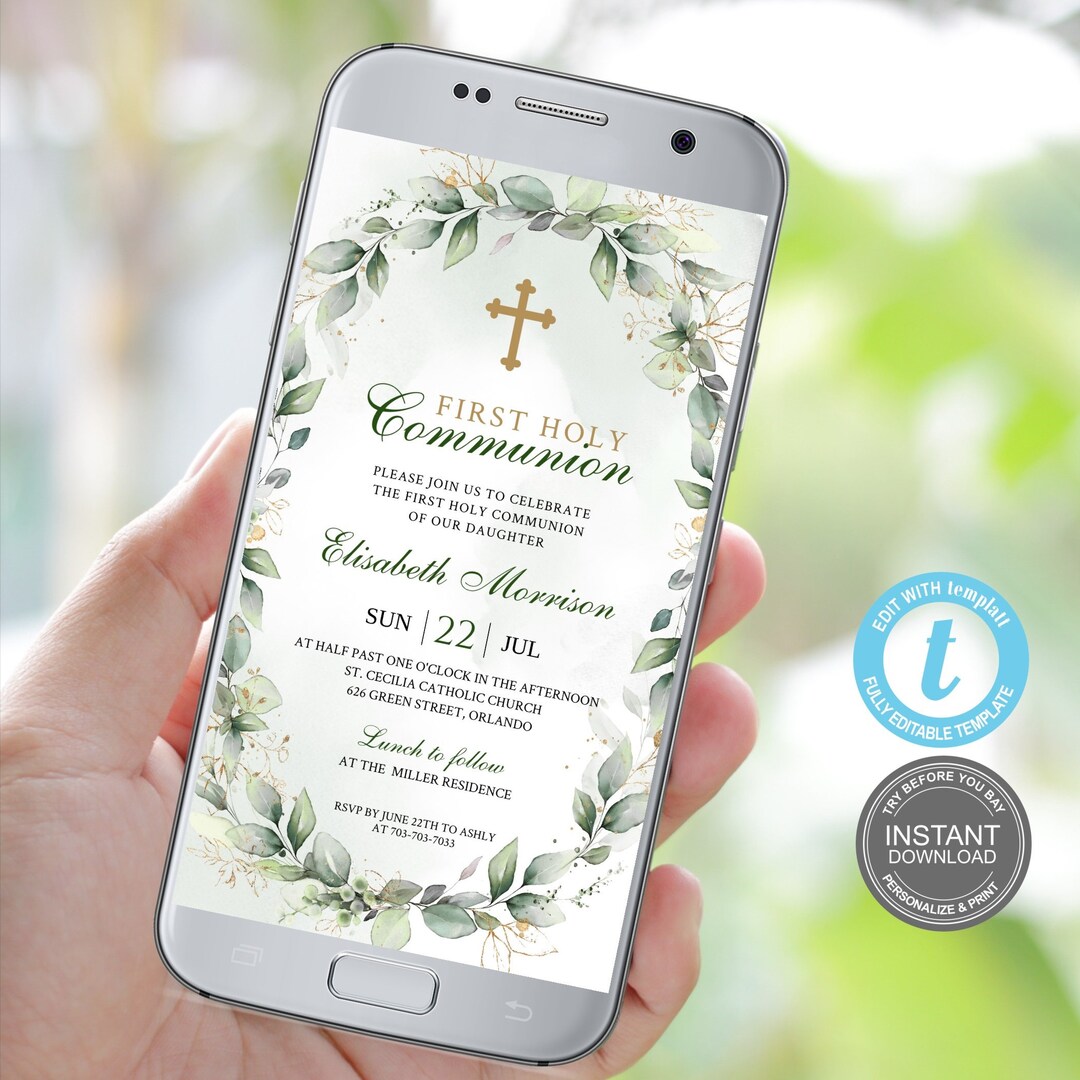 Digital First Communion Invitation Template, Christening Invite ...