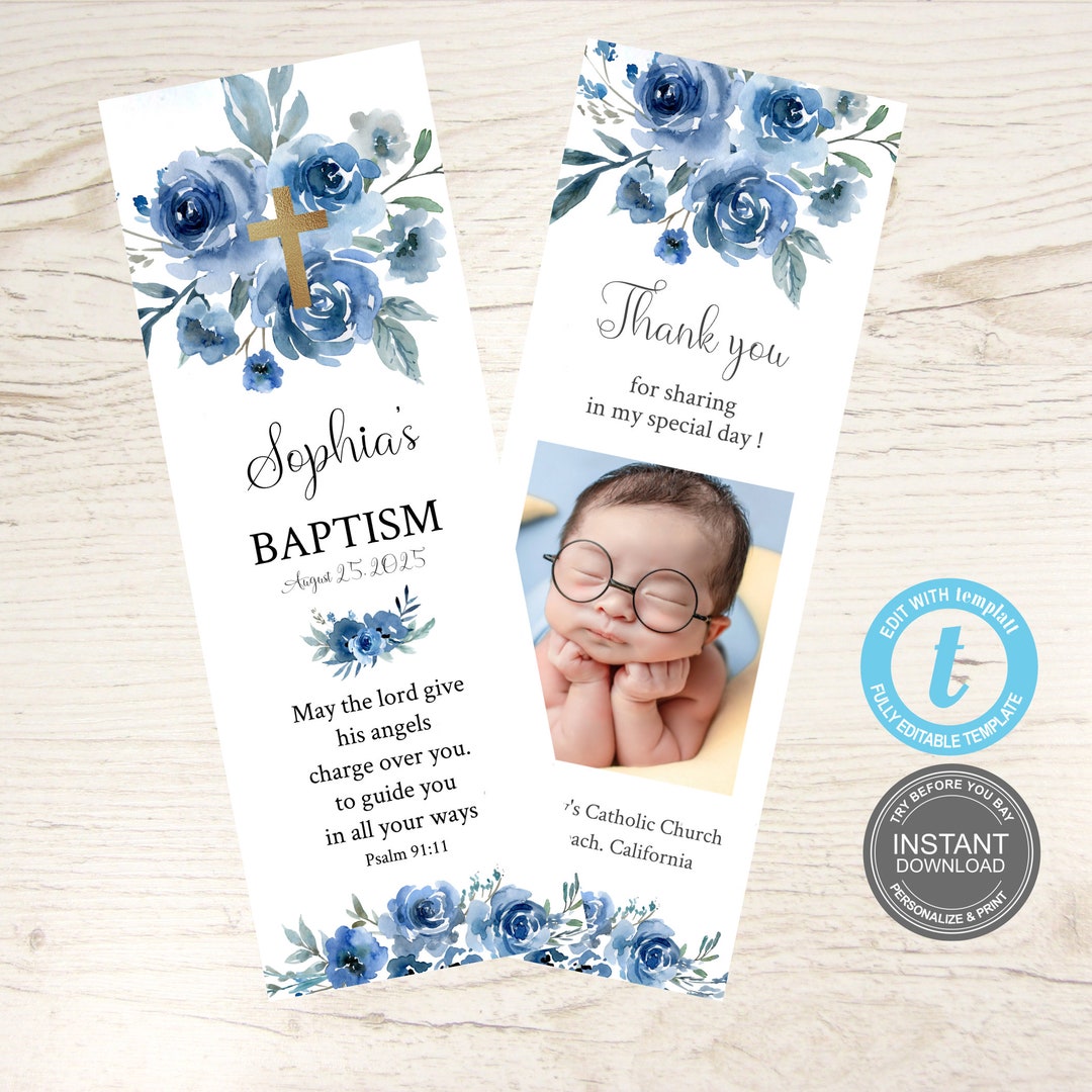 Baptism Bookmark Template Blue Baptism Prayer Card Template - Etsy