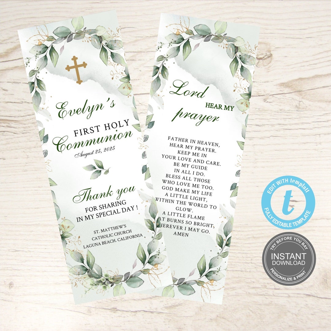 First Communion Bookmark Template, Eucalyptus Baptism, Prayer Card ...