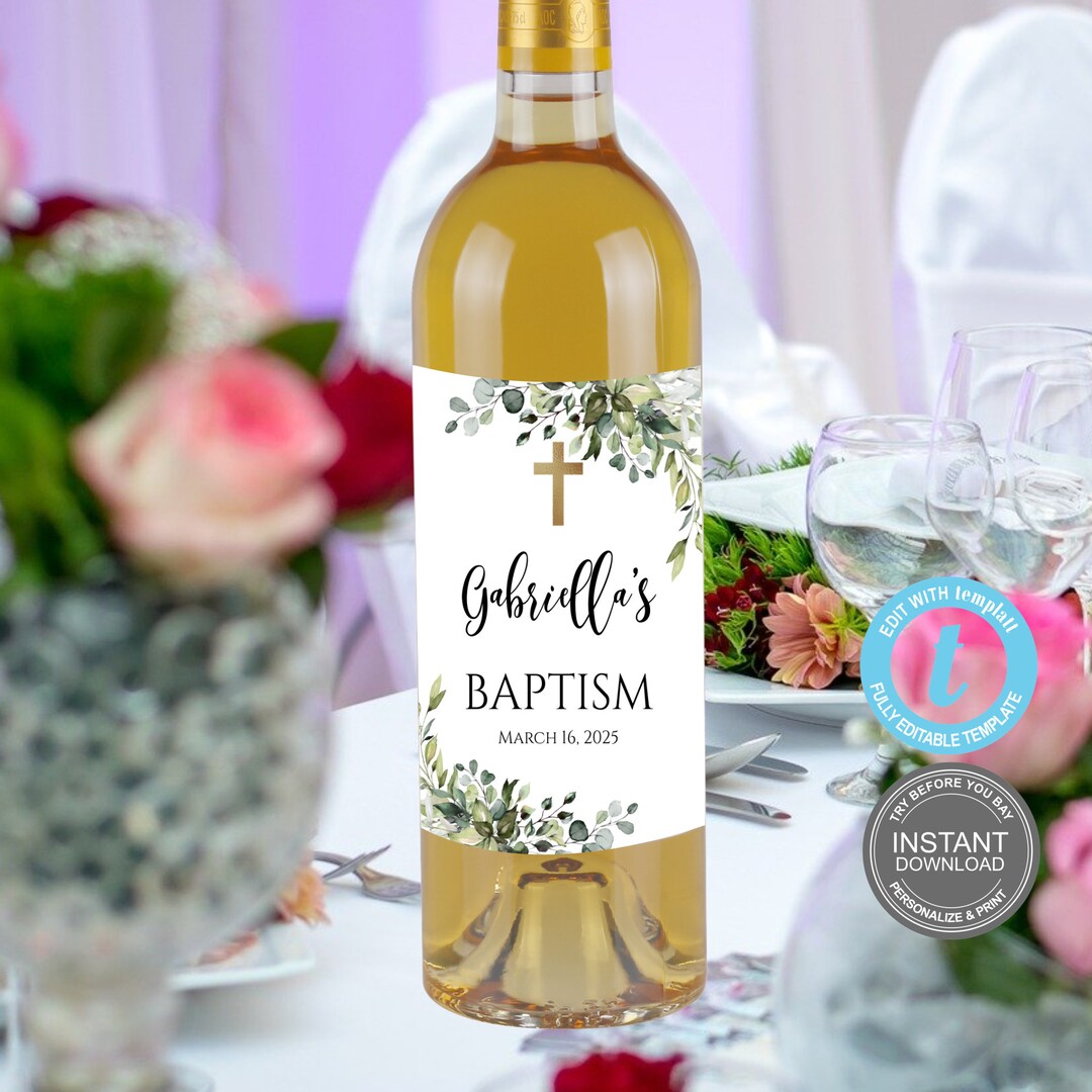 Baptism Thank You Wine Label, Template, Boho Christening Thank You Tags ...