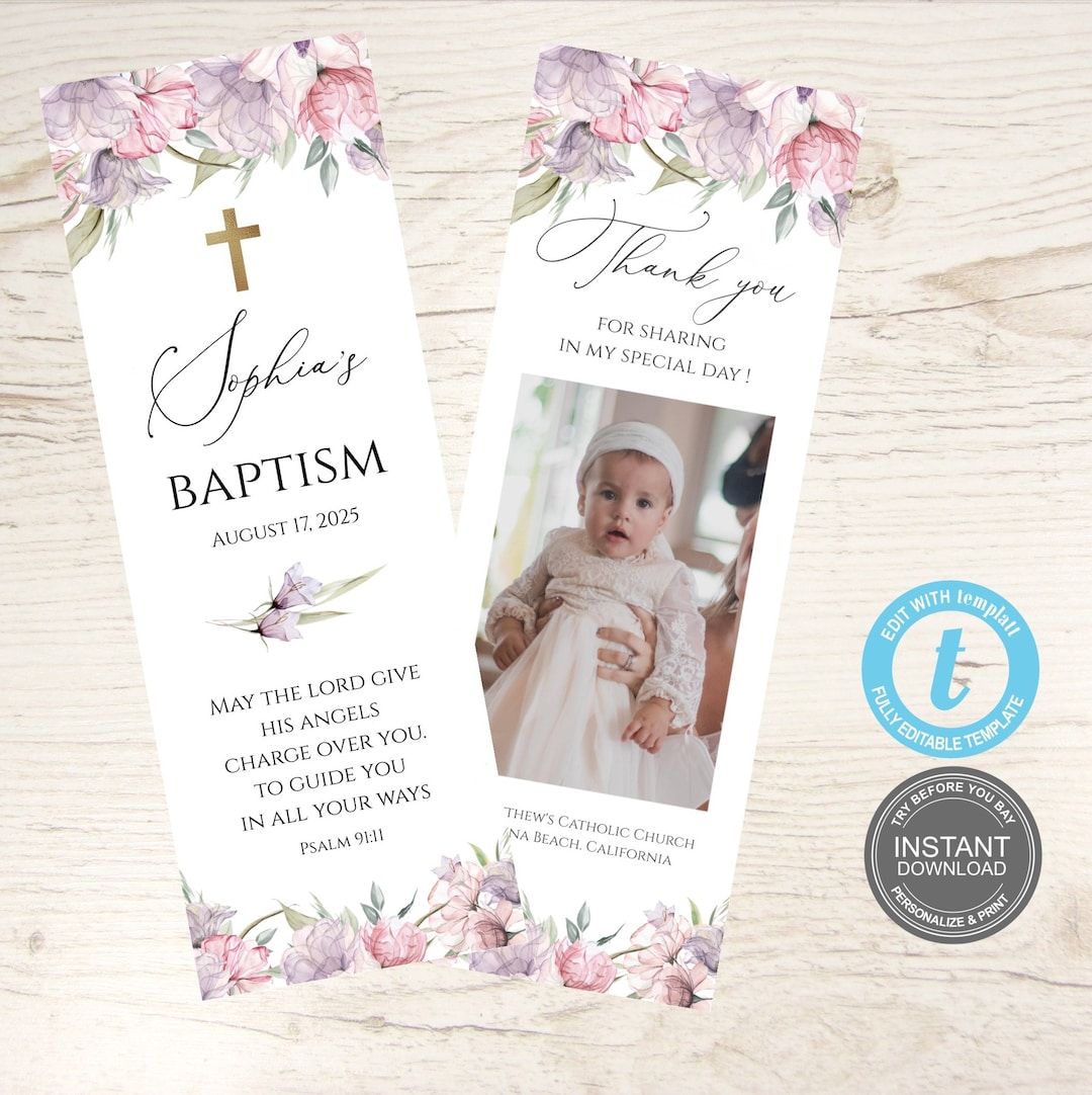 Baptism Bookmark Template, Instant Download, Editable Bookmark Keepsake ...
