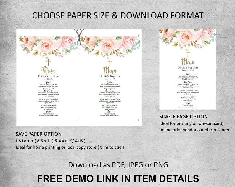Baptism Menu Cards Template Boho Christening Menu Template - Etsy