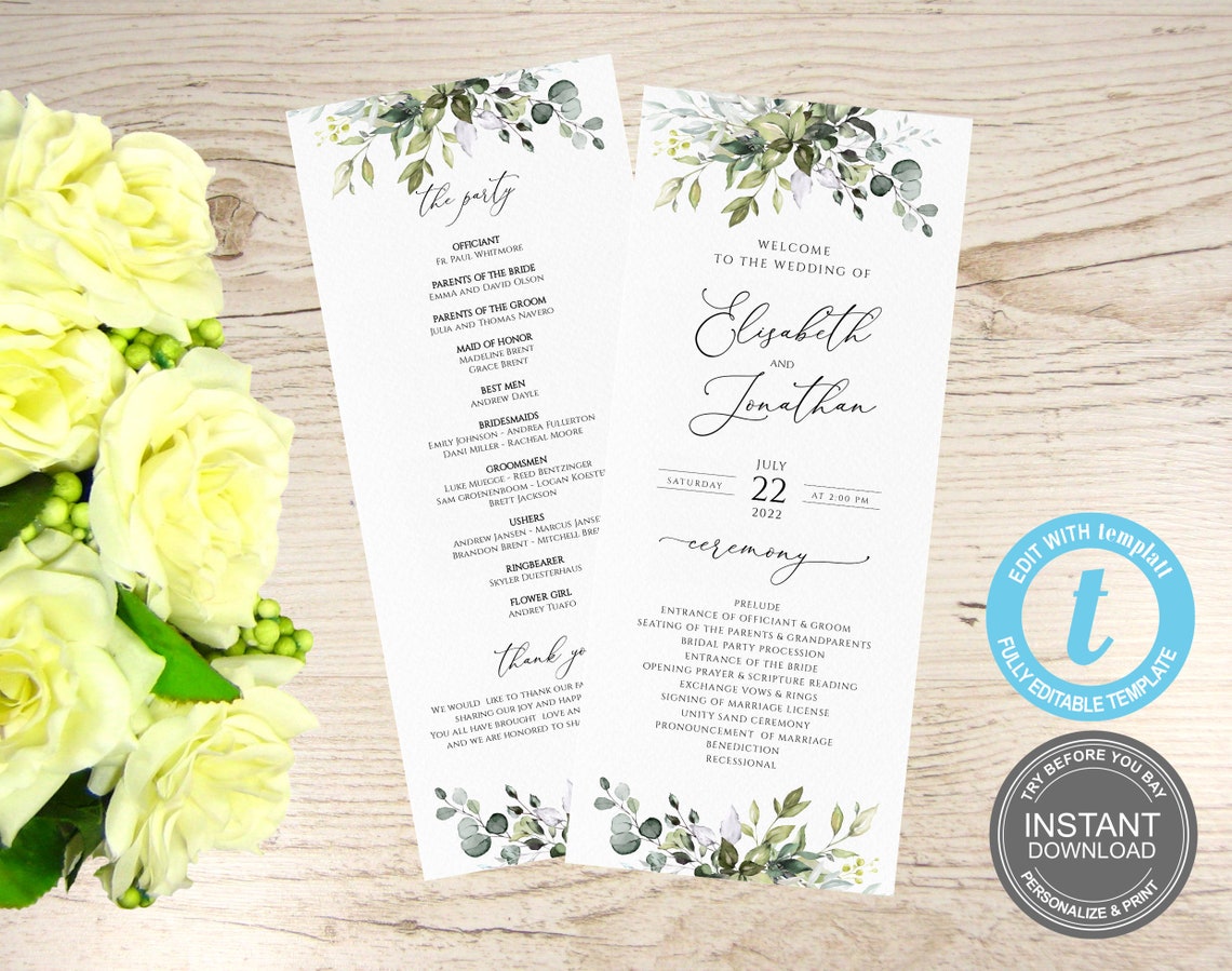 Greenery Wedding Program Template Printable Ceremony Program - Etsy
