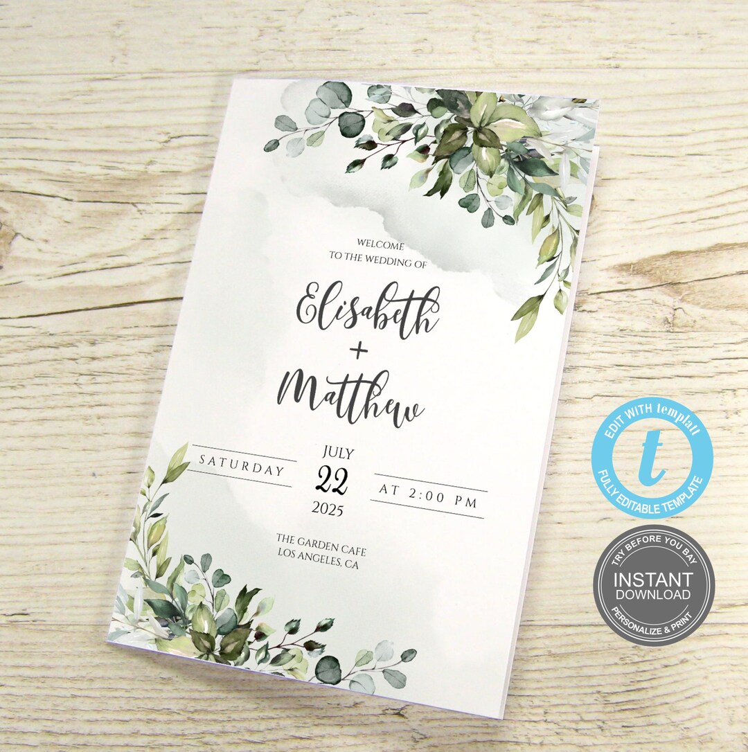 Folded Wedding Program Template, Watercolor, Greenery Boho Card, Boho ...