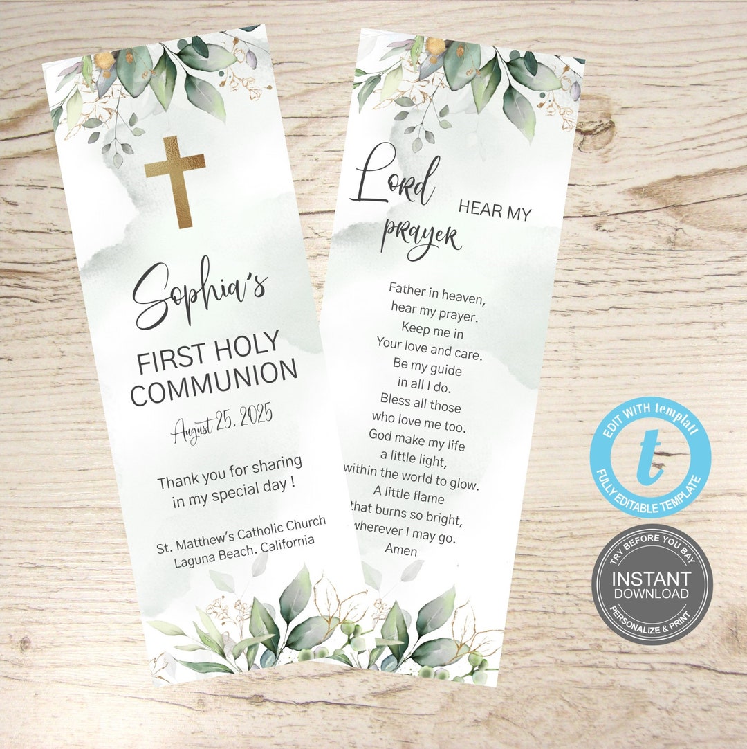 First Communion Bookmark Template Eucalyptus Baptism Prayer - Etsy