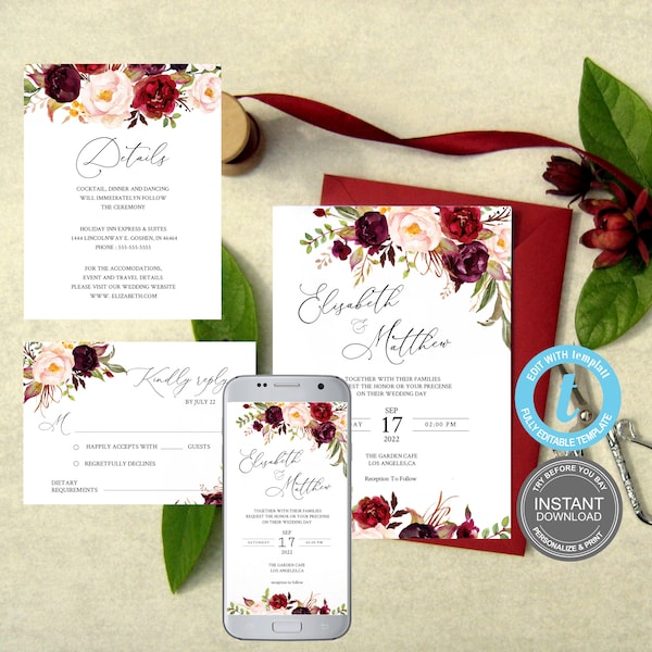 Burgundy Wedding Invitation - Etsy