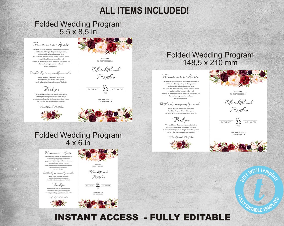 Folded Wedding Program Template Ceremony Template Marsala - Etsy