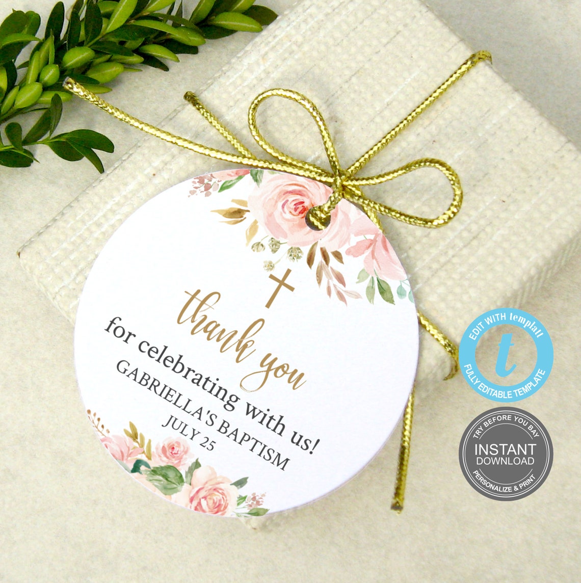 Baptism Thank You Tag Template Boho Christening Thank You - Etsy