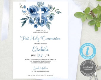 Floral Cross Holy Communion Invitation, Baptism Invitation, Minimalist ...