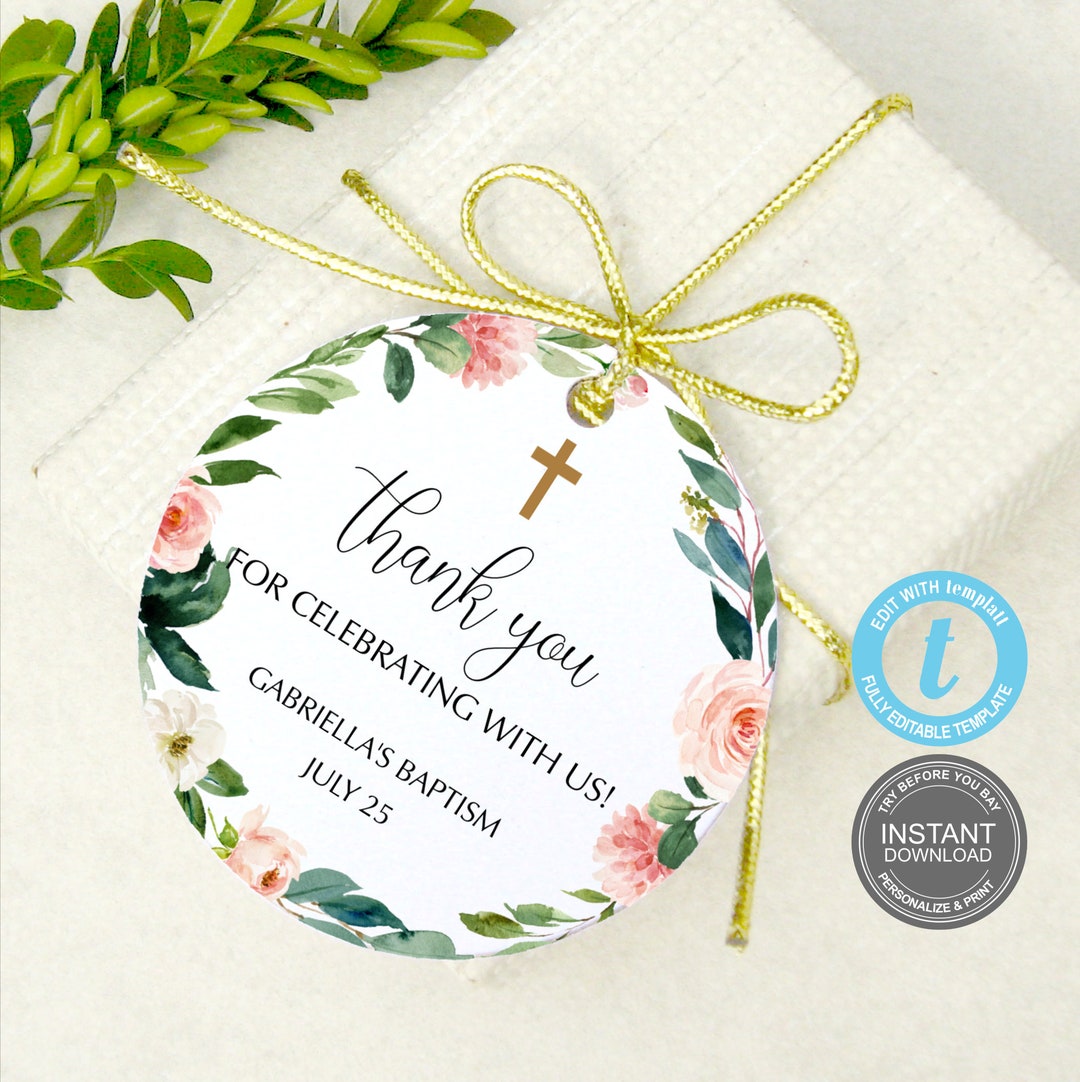 Baptism Thank You Tag Template, Boho Christening Thank You Tag ...