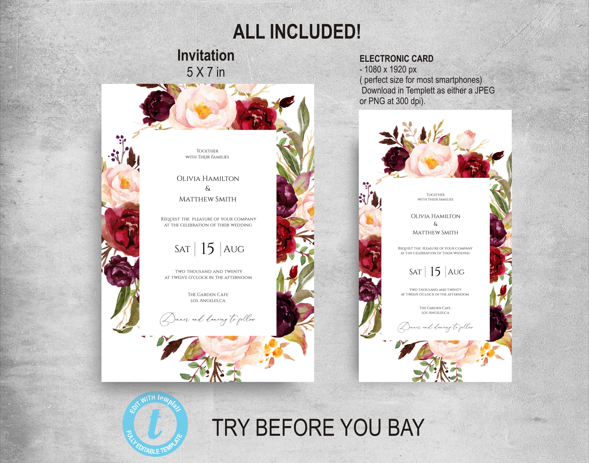 Burgundy Wedding Invitation Invitation Printable 100% - Etsy