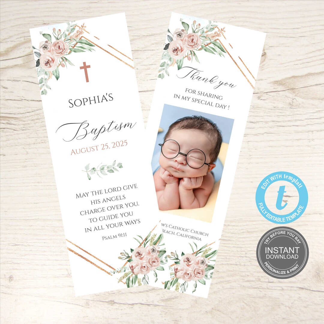 Baptism Bookmark Template, Instant Download, Editable Bookmark Keepsake ...